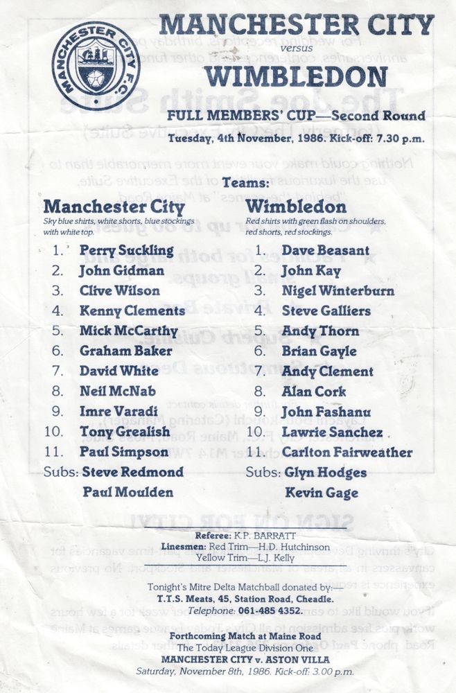 Manchester City v Wimbledon Full Members Cup 2nd Round 1986/87 – City ...