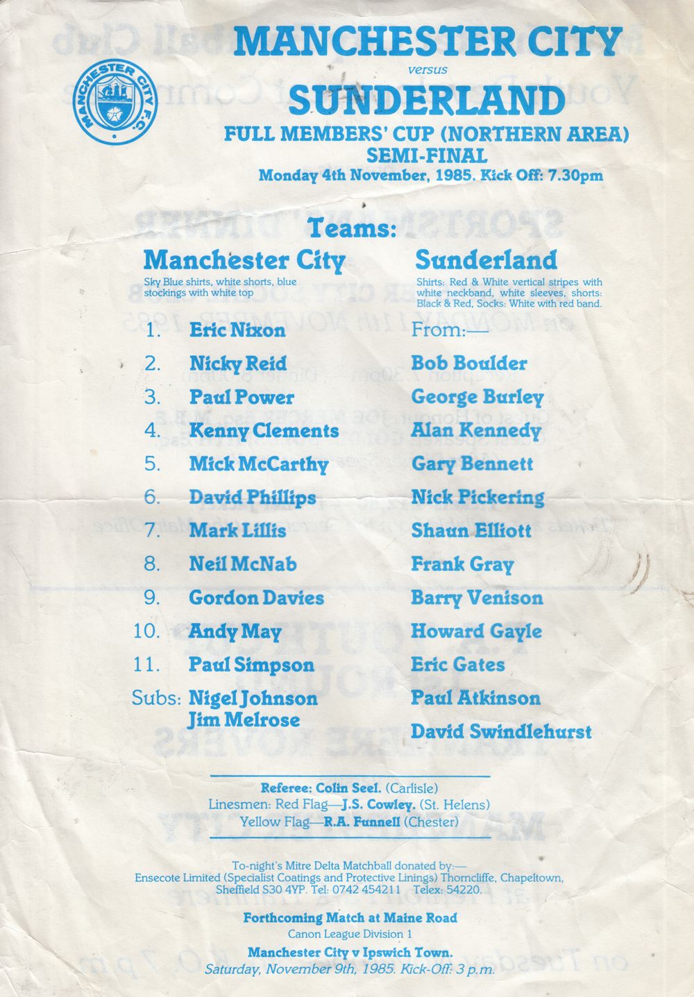 Manchester City v Sunderland Full Members Cup Area Semi-Final 1985/86 ...